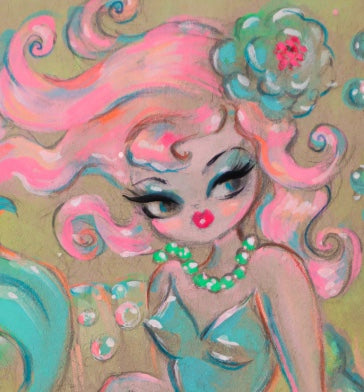 Pixie Mermaid with Pink hair on a Clam Shell - Original Drawing 5x7 ...